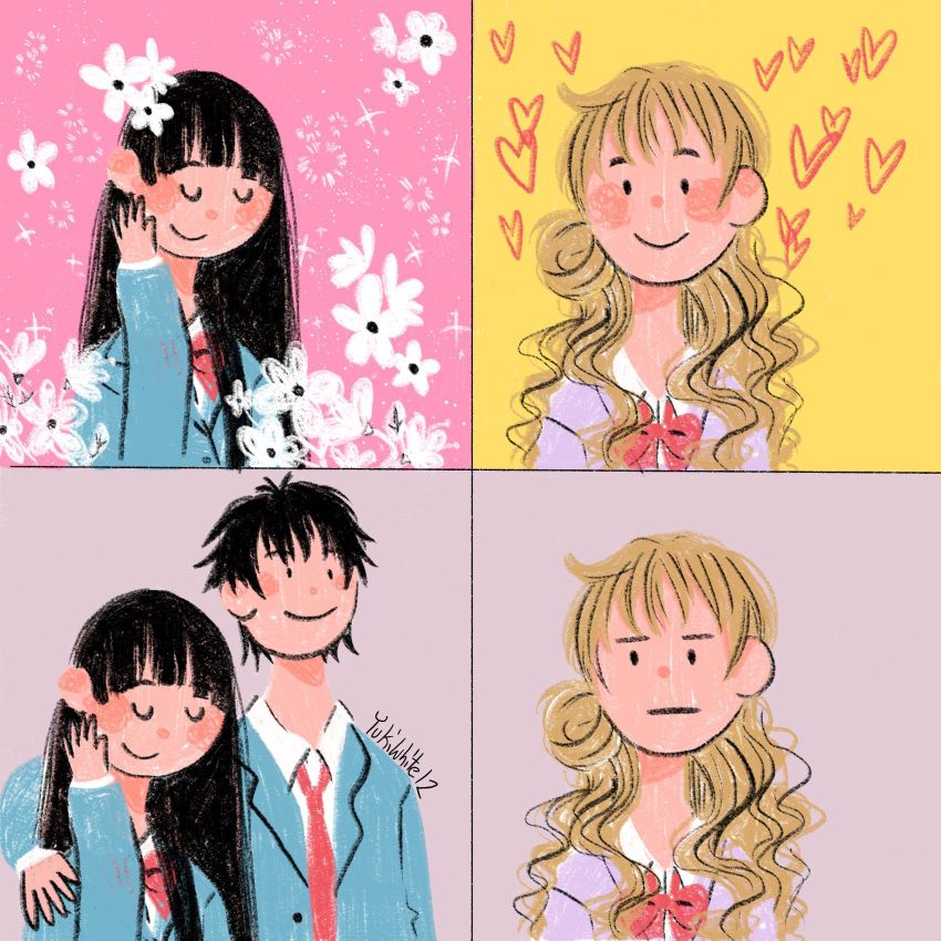 Safebooru 1boy 2girls Black Hair Blonde Hair Blunt Bangs Bow Bowtie 1528