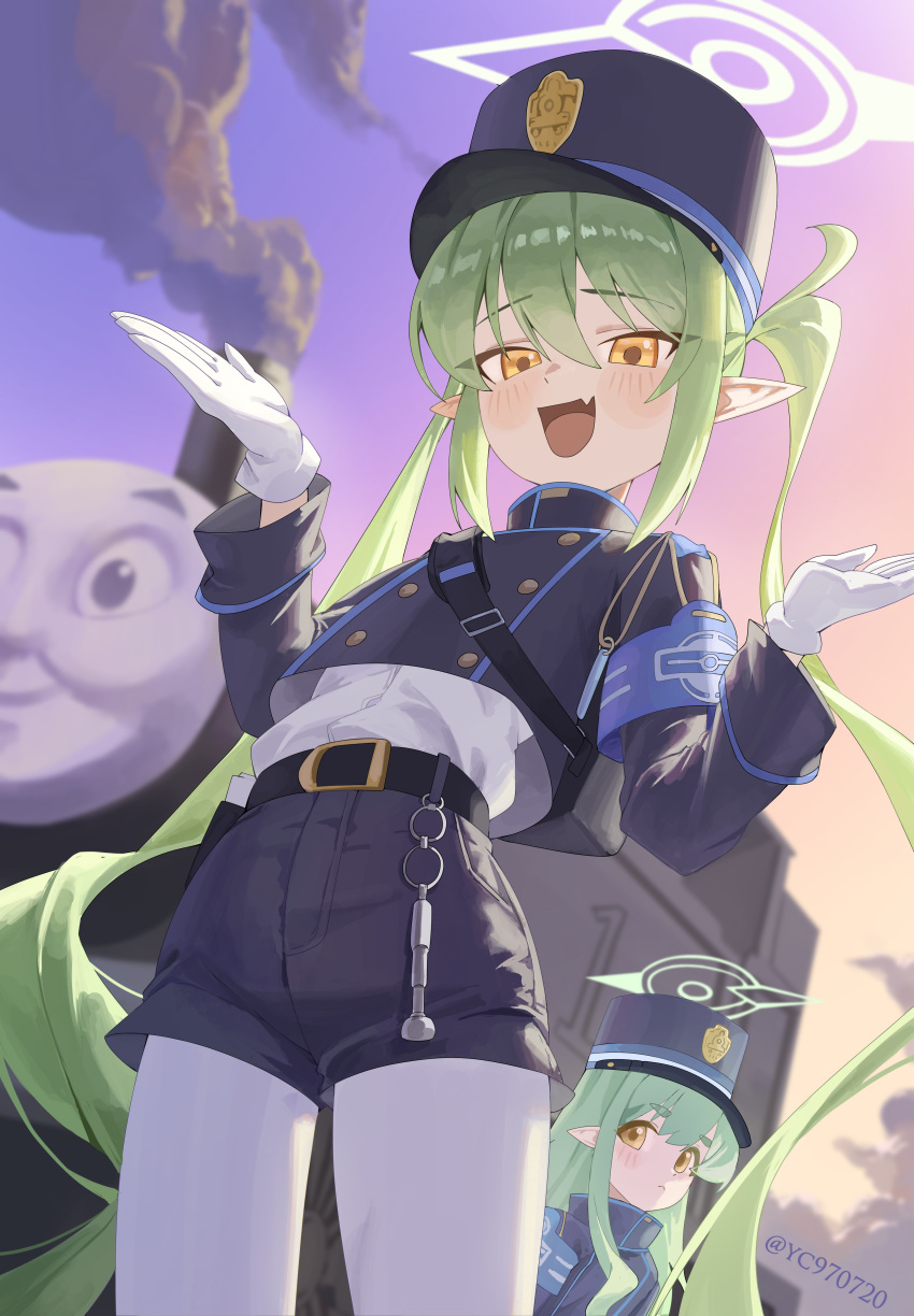 Safebooru - 2girls :d absurdres armband belt black belt black hat black jacket black shorts blue ...