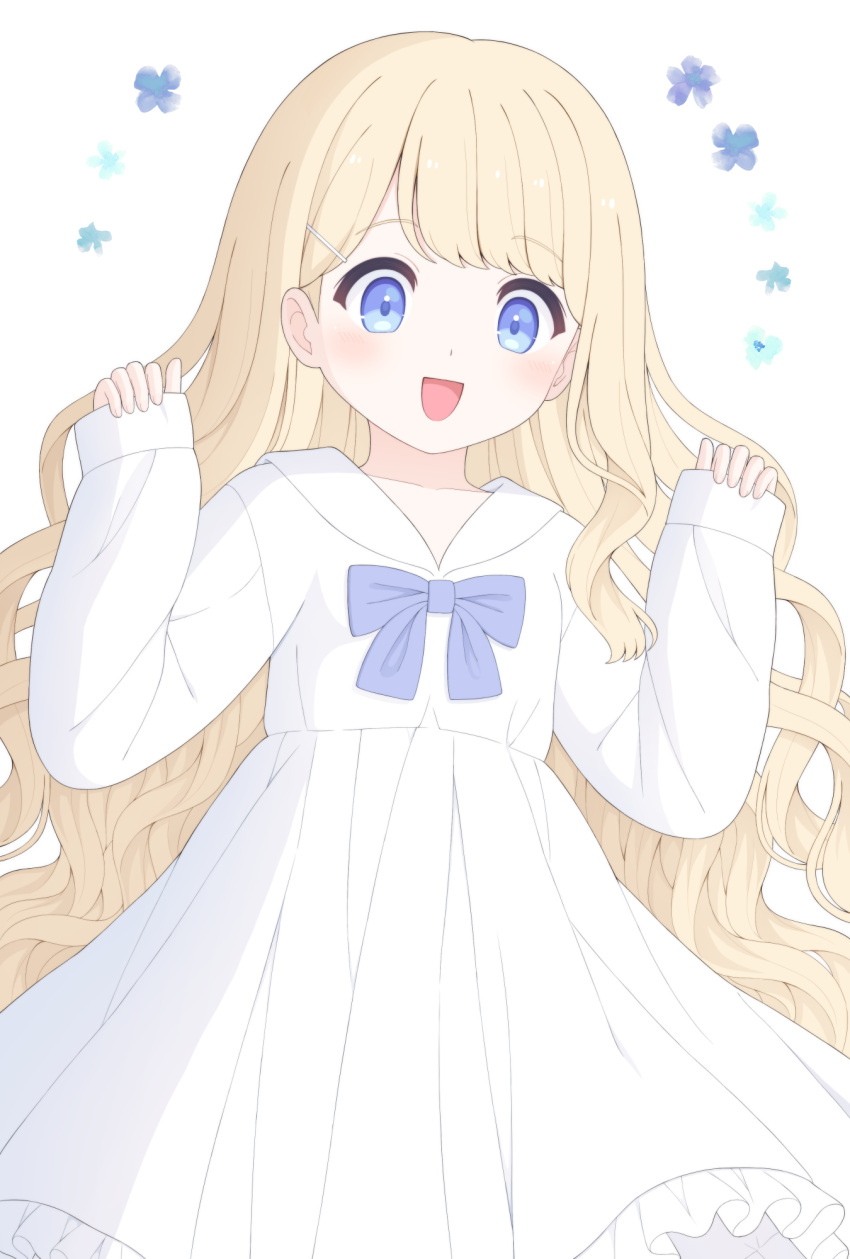 Safebooru - 1girl arms up blonde hair blue bow blue bowtie blue eyes bow bowtie dot nose dress ...