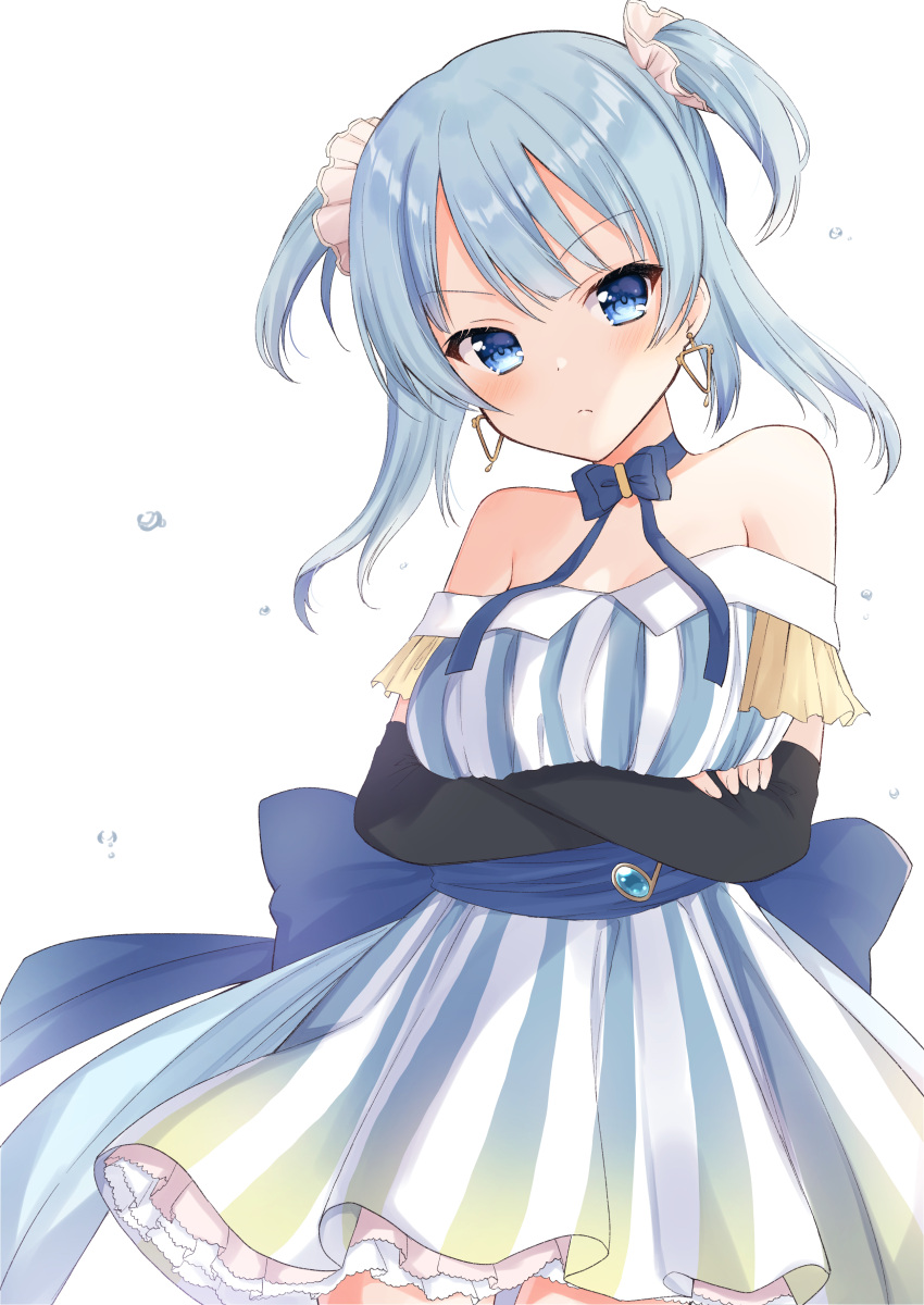 Safebooru - 1girl absurdres back bow bare shoulders black arm warmers blue bow blue choker blue ...