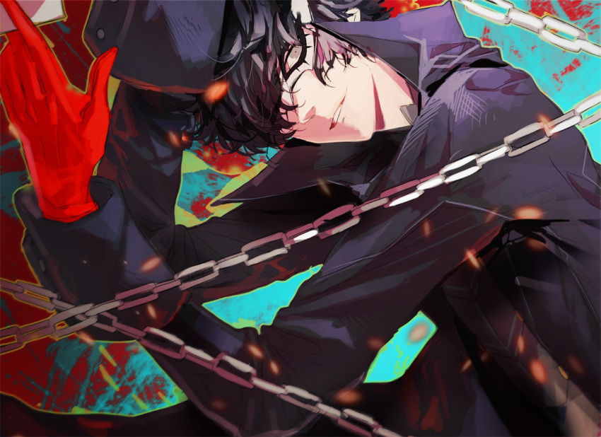 Safebooru - 1boy amamiya ren arms up black coat black hair chain coat gloves grey eyes joker ...