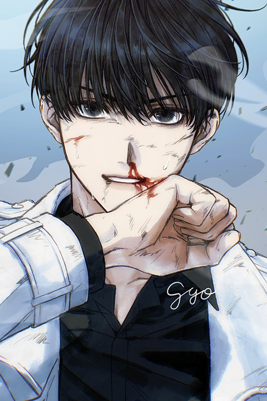 Safebooru - 1boy absurdres black eyes black hair black shirt blood coat ...