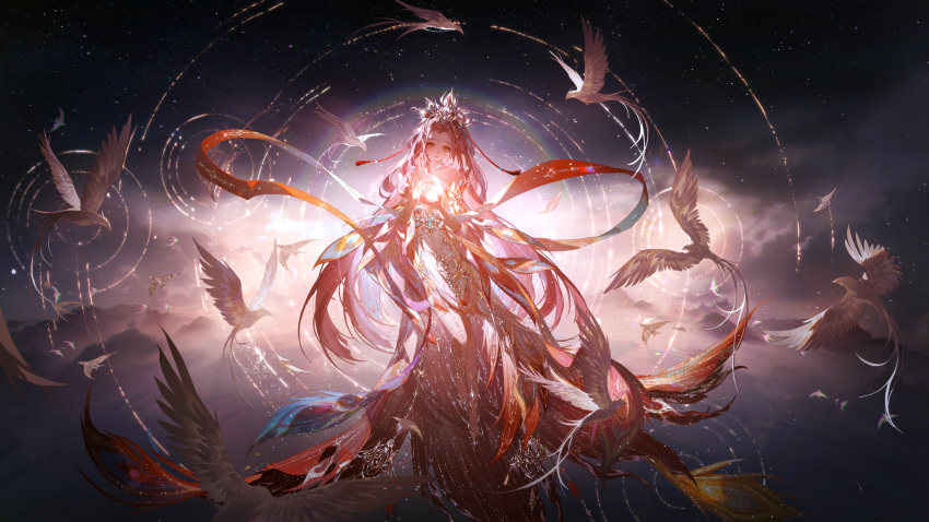 Safebooru - 1girl absurdres bird clouds dress hair ornament highres ...