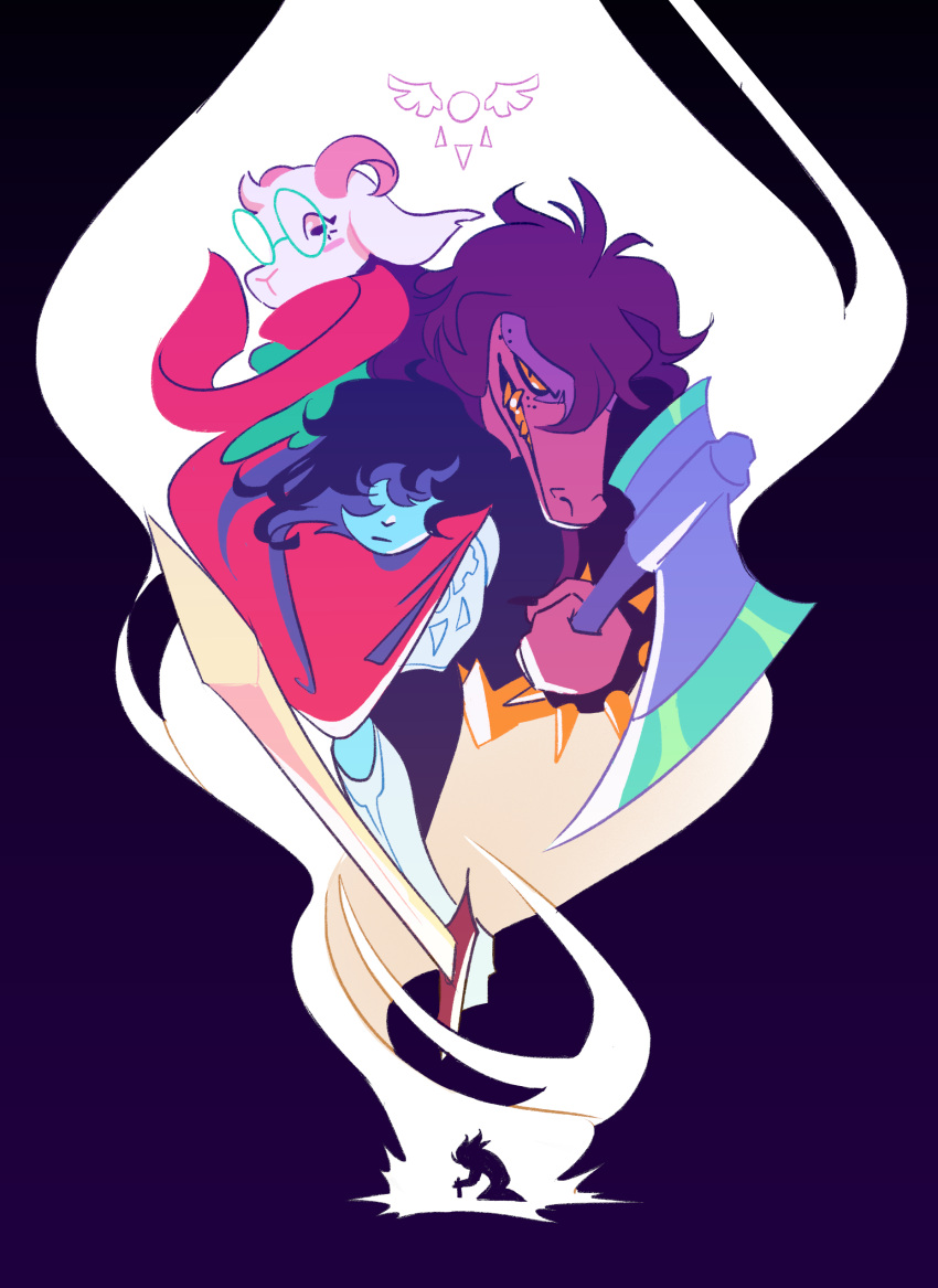 Safebooru - 1boy 1girl 1other absurdres axe black hair blue skin bright ...