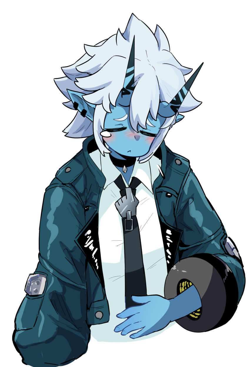 Safebooru - 1girl amekurage999 black necktie blue horns blue oni blue ...