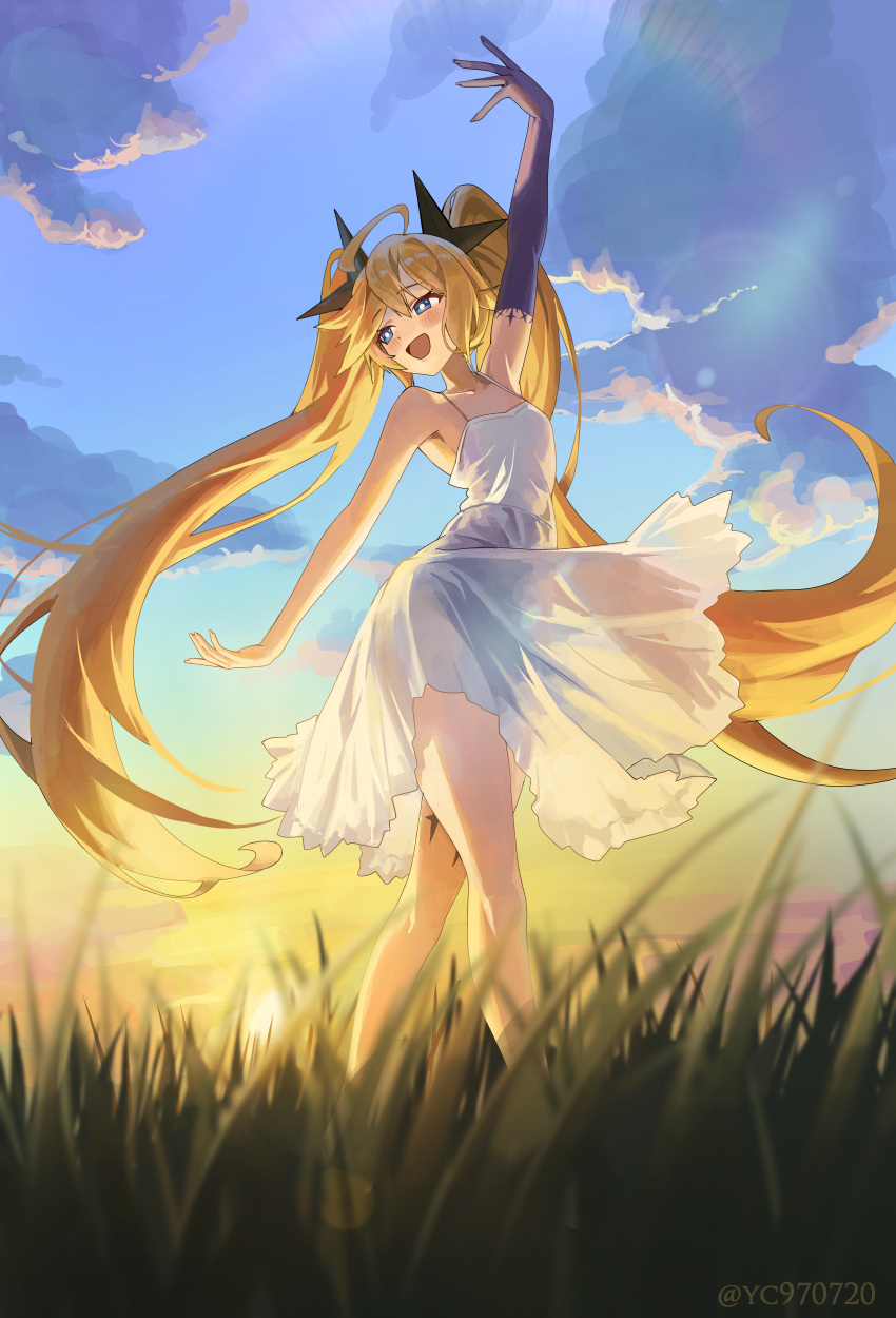 Safebooru - 1girl :d absurdres ahoge arm up artist name bare shoulders black gloves black ribbon ...