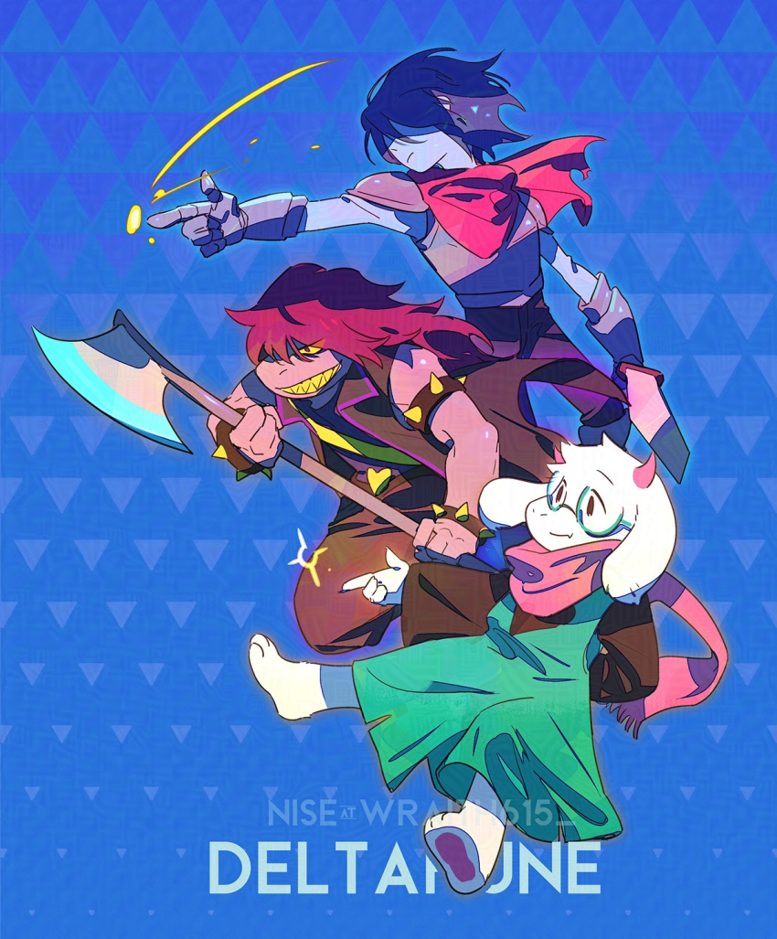 Safebooru - 1boy 1girl 1other adversarial noise animal ears armlet armor artist name axe blue ...