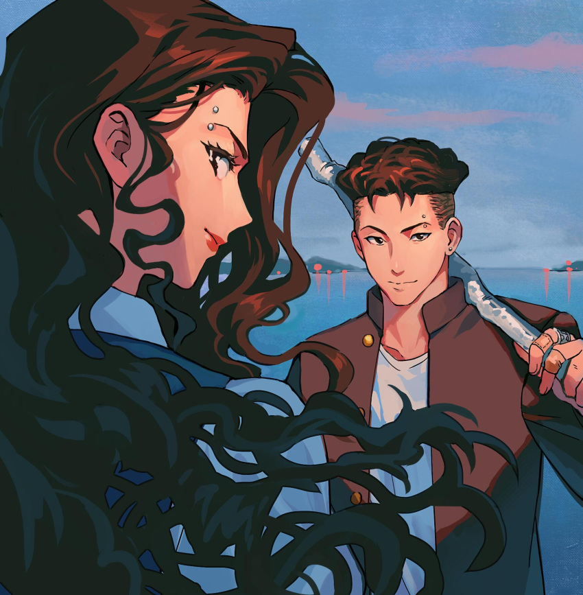 Safebooru - 1boy 1girl ayako (slam dunk) bandaid on finger black hair brown hair brown jacket ...