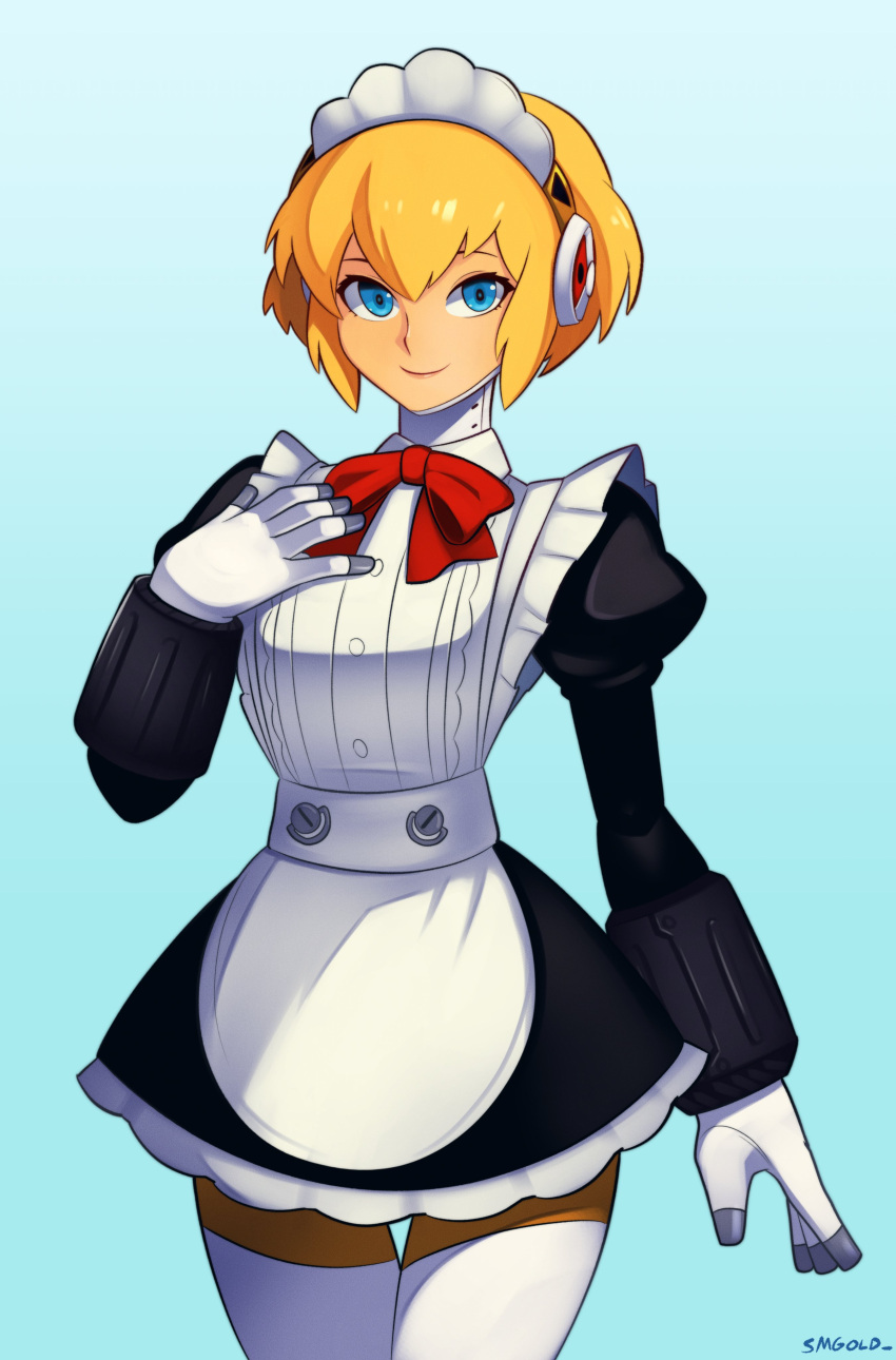 Safebooru - 1girl absurdres aigis (persona) android artist name blonde hair blue background blue ...