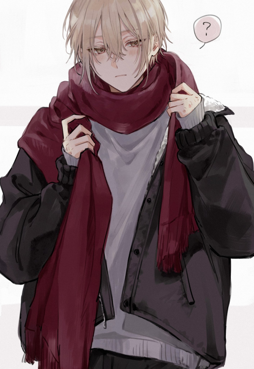 Safebooru - 1boy ? black jacket black pants blonde hair blush closed mouth grey sweater hair ...