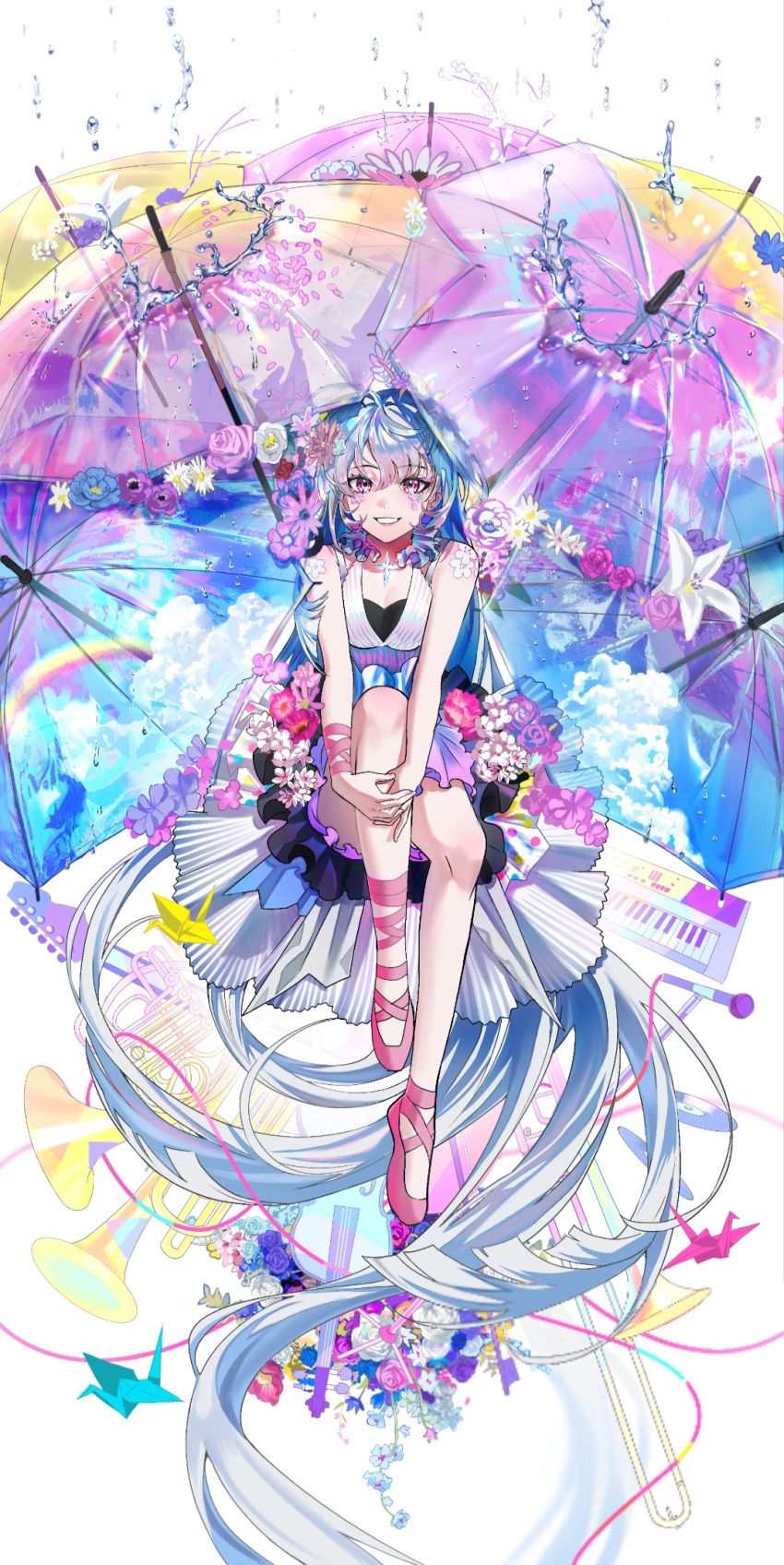 Safebooru - 1girl absurdly long hair blue hair caihua50 dress flower hair flower hair ornament ...