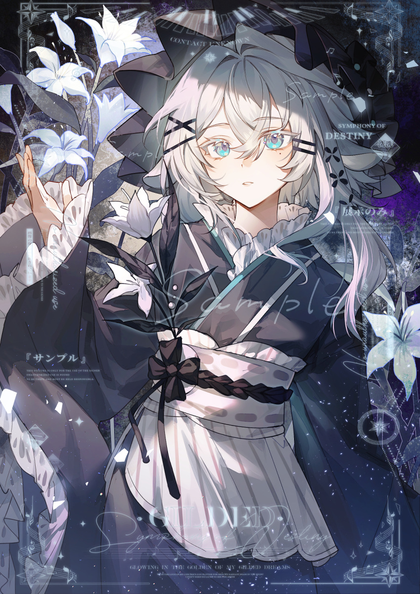 Safebooru - 1girl black bow black kimono blue eyes bow flower frilled sleeves frills hair ...