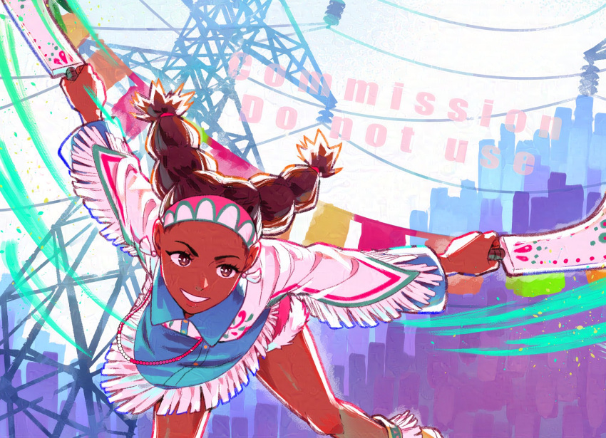 Safebooru - 1girl bead necklace beads black hair brown eyes club (weapon) commission dark ...