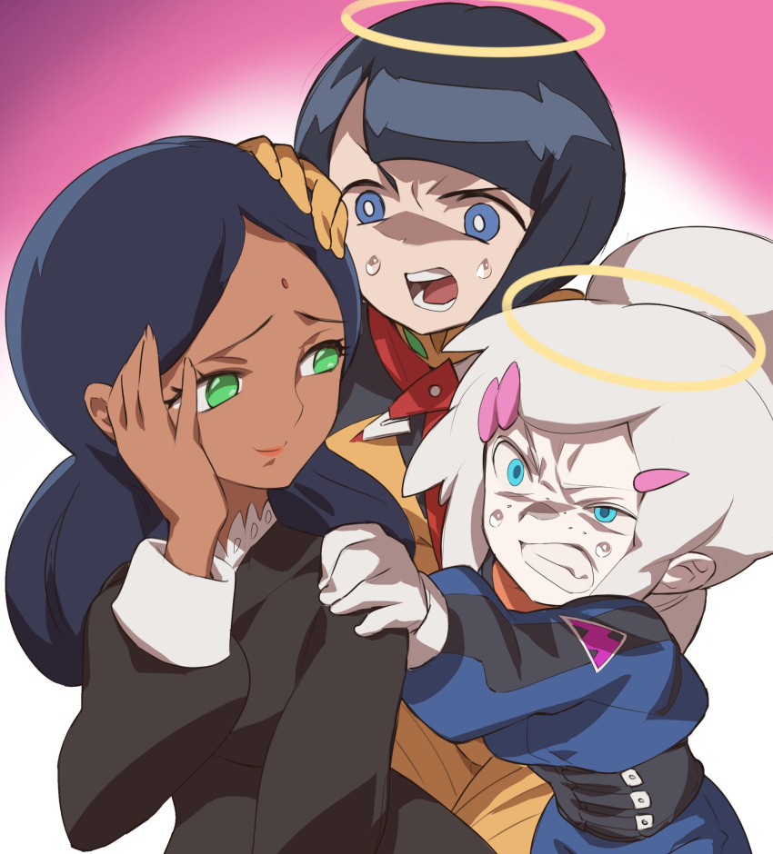 Safebooru - 3girls angry black hair blue eyes bob cut bodysuit breasts closed mouth dark-skinned ...