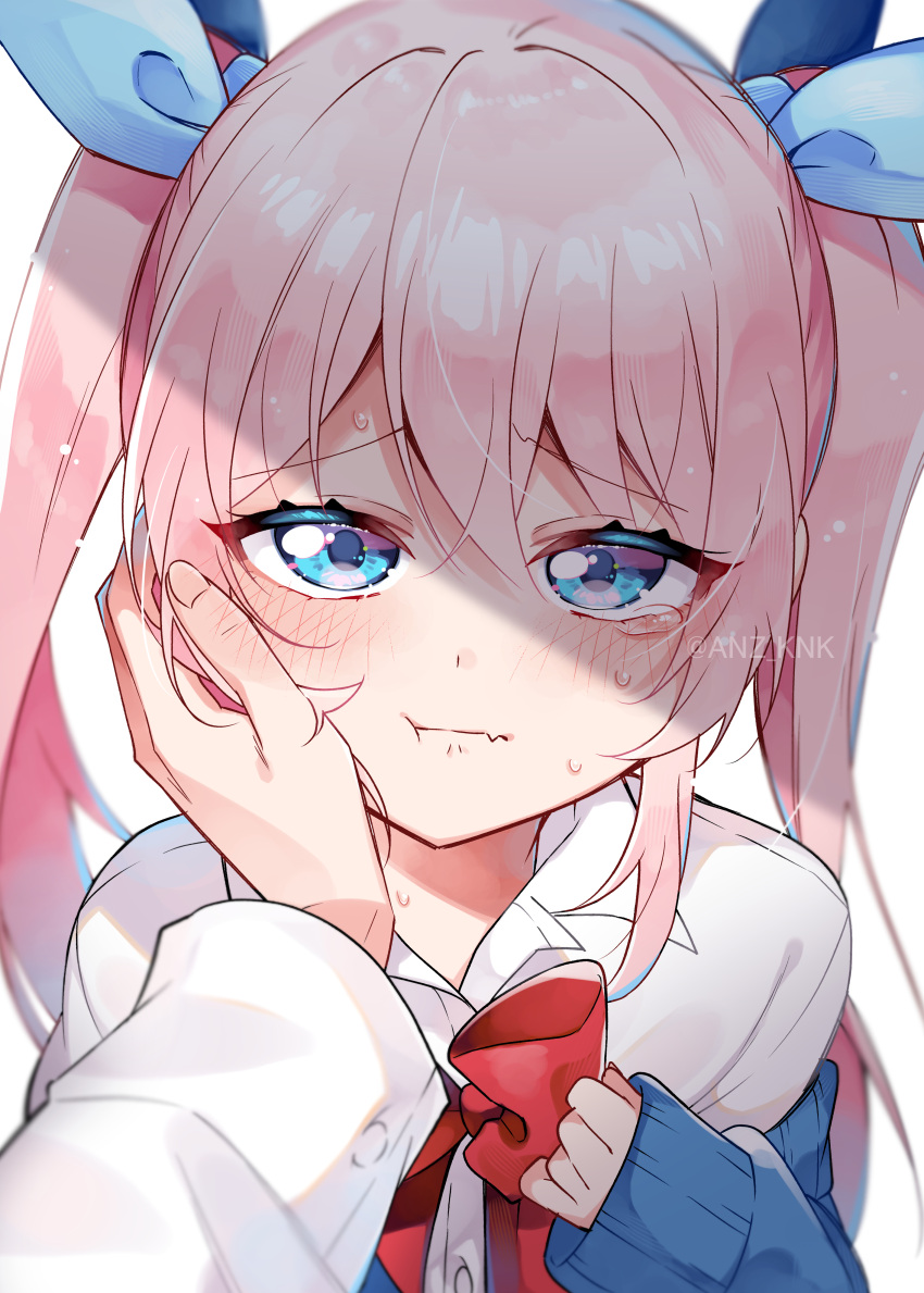 Safebooru - 1boy 1girl absurdres anzou kunko blue eyes blush fang hand ...