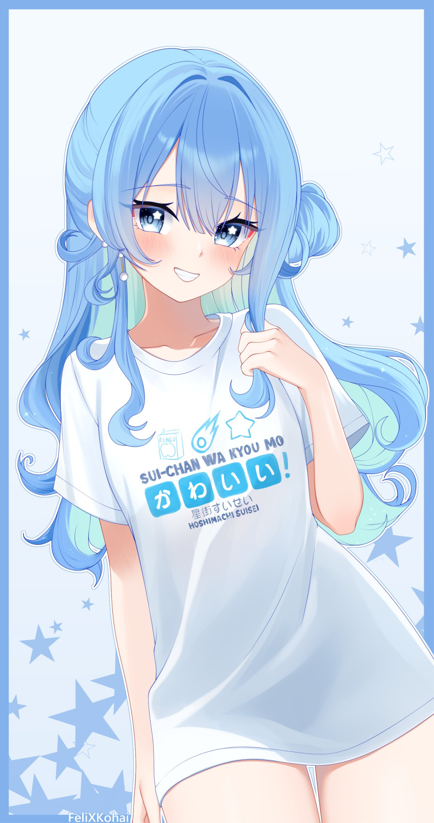 Safebooru - 1girl absurdres artist name blue background blue eyes blue hair blush collarbone ...