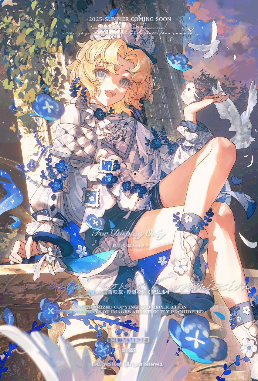 Safebooru - 1girl absurdres bird blonde hair blue eyes blue flower bow dove flower frills ...