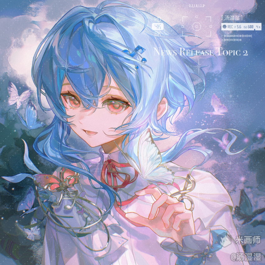 Safebooru - 1girl blue butterfly blue hair bug butterfly butterfly on hand hair ornament highres ...