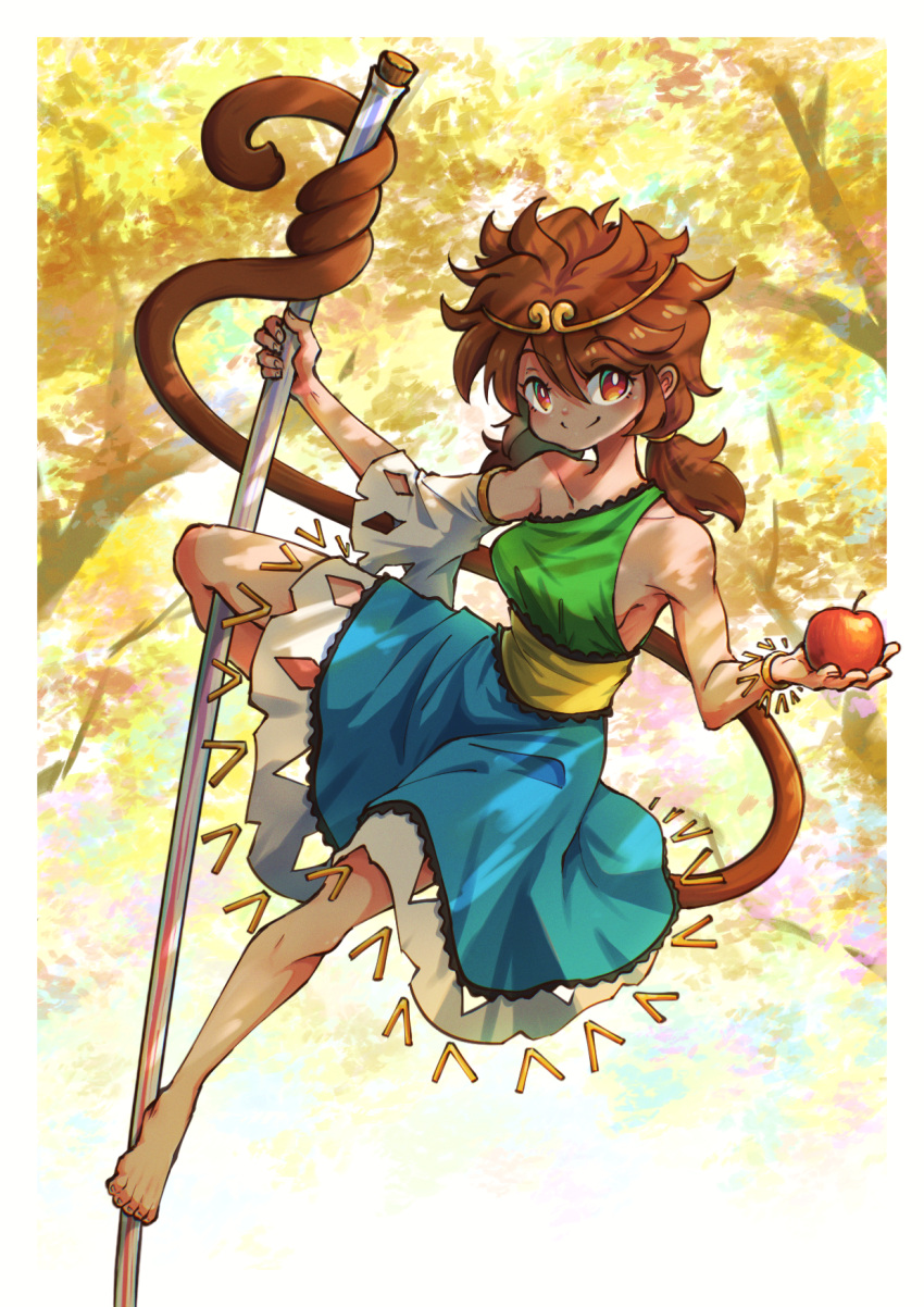 Safebooru - 1girl apple bare shoulders barefoot blue dress breasts brown eyes brown hair ...