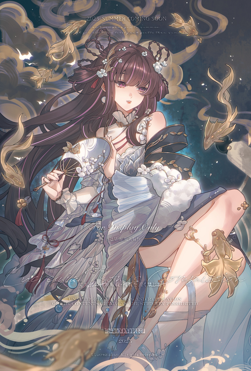 Safebooru - 1girl absurdres breasts brown hair chinese clothes dress hair ornament hand fan ...