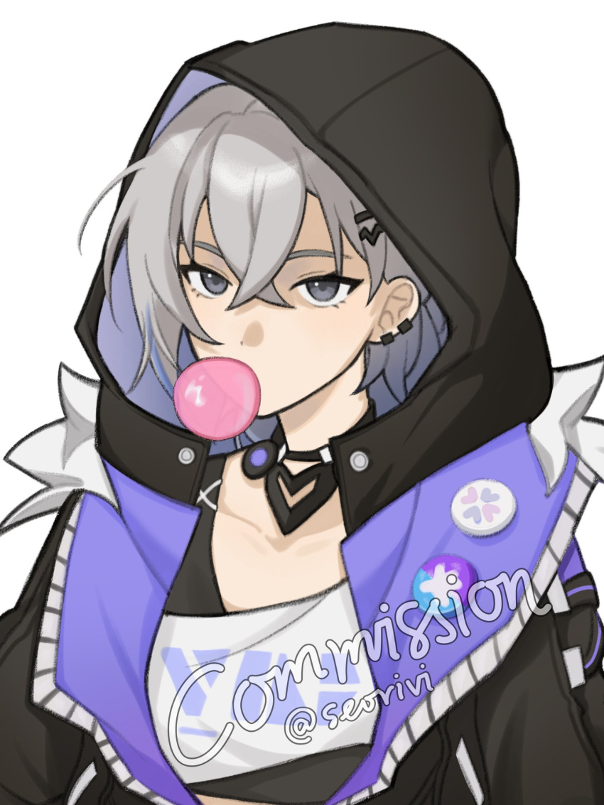 Safebooru - 1girl black choker black jacket blowing bubbles choker commission grey eyes grey ...