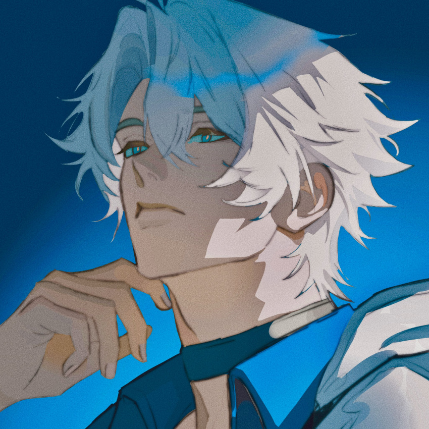 Safebooru - 1boy blue background blue eyes close-up closed mouth gradient background grey hair ...