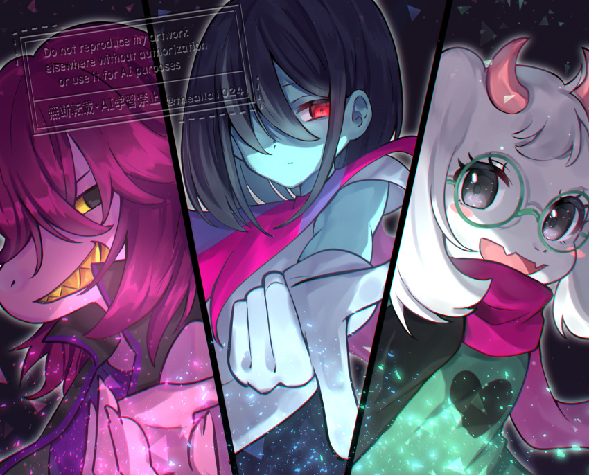 Safebooru - 1boy 1girl 1other animal ears black eyes blue hair blue skin colored sclera colored ...