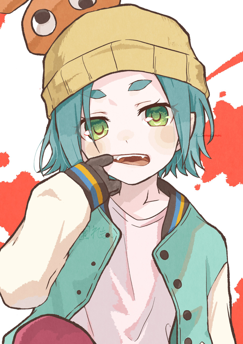 Safebooru - 1girl absurdres aqua hair beanie blush googly eyes green ...