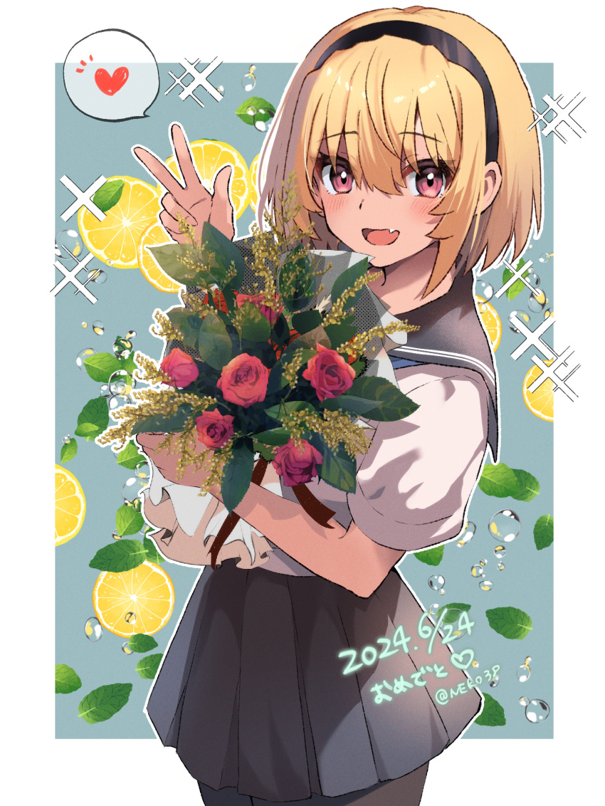Safebooru - 1girl black skirt blonde hair border bouquet commentary ...
