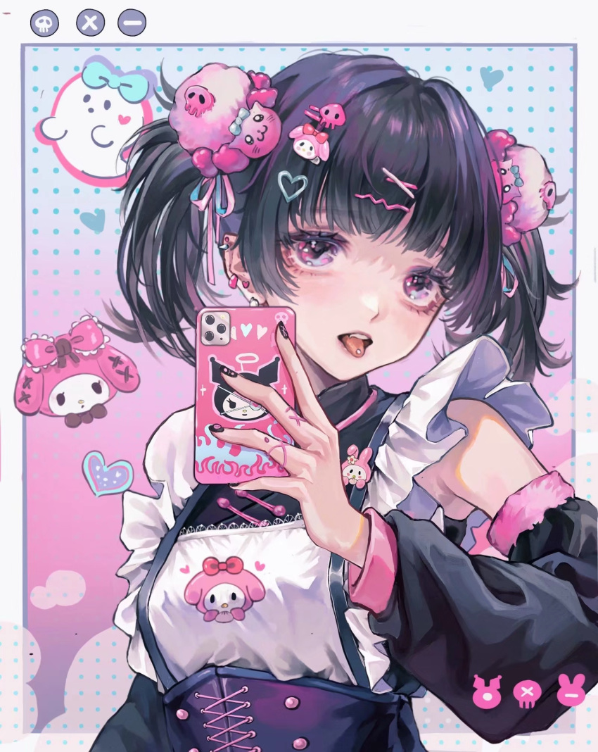 Safebooru - 1girl black hair bow cellphone changmao detached sleeves ...