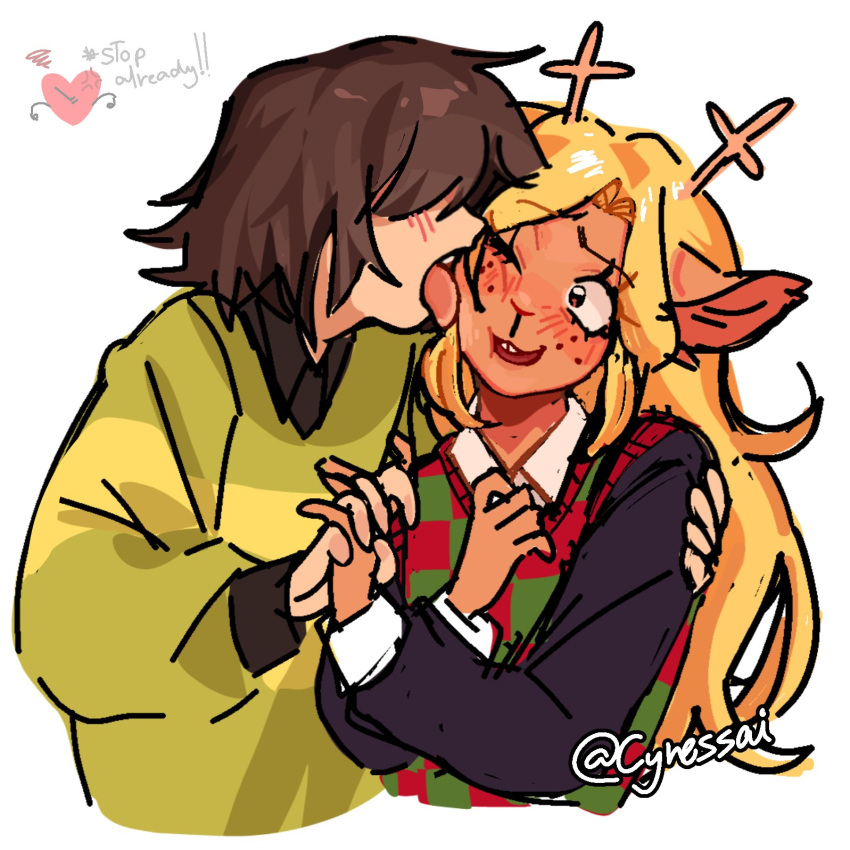 Safebooru - 1girl 1other animal ears antlers arm around shoulder black ...