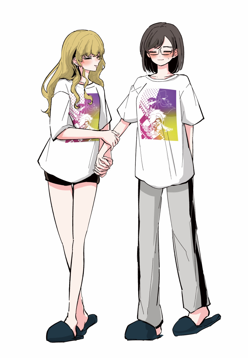 Safebooru - 2girls absurdres black shorts blonde hair blush brown hair glasses grey pants ...