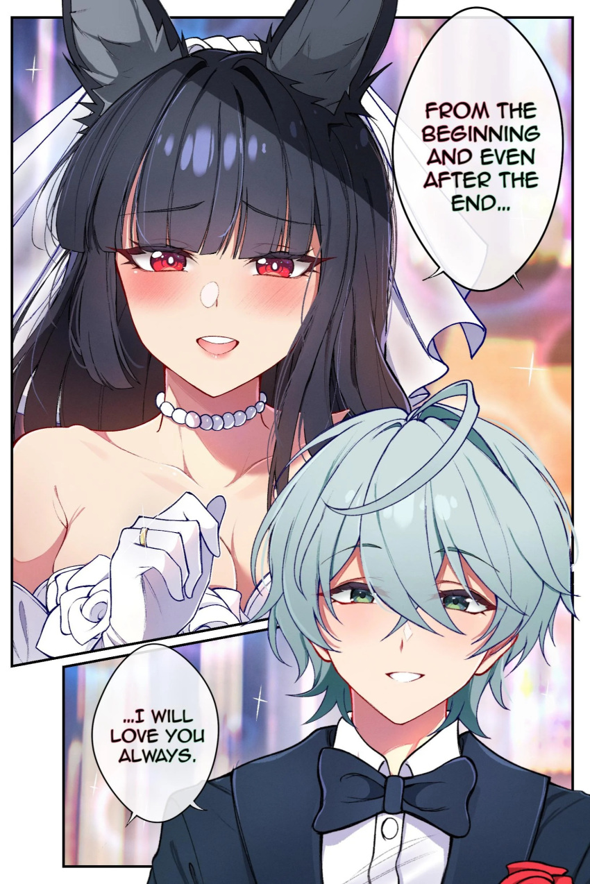 Safebooru - 1boy 1girl animal ears fox ears hoshimi miyabi long hair short hair wedding wise ...