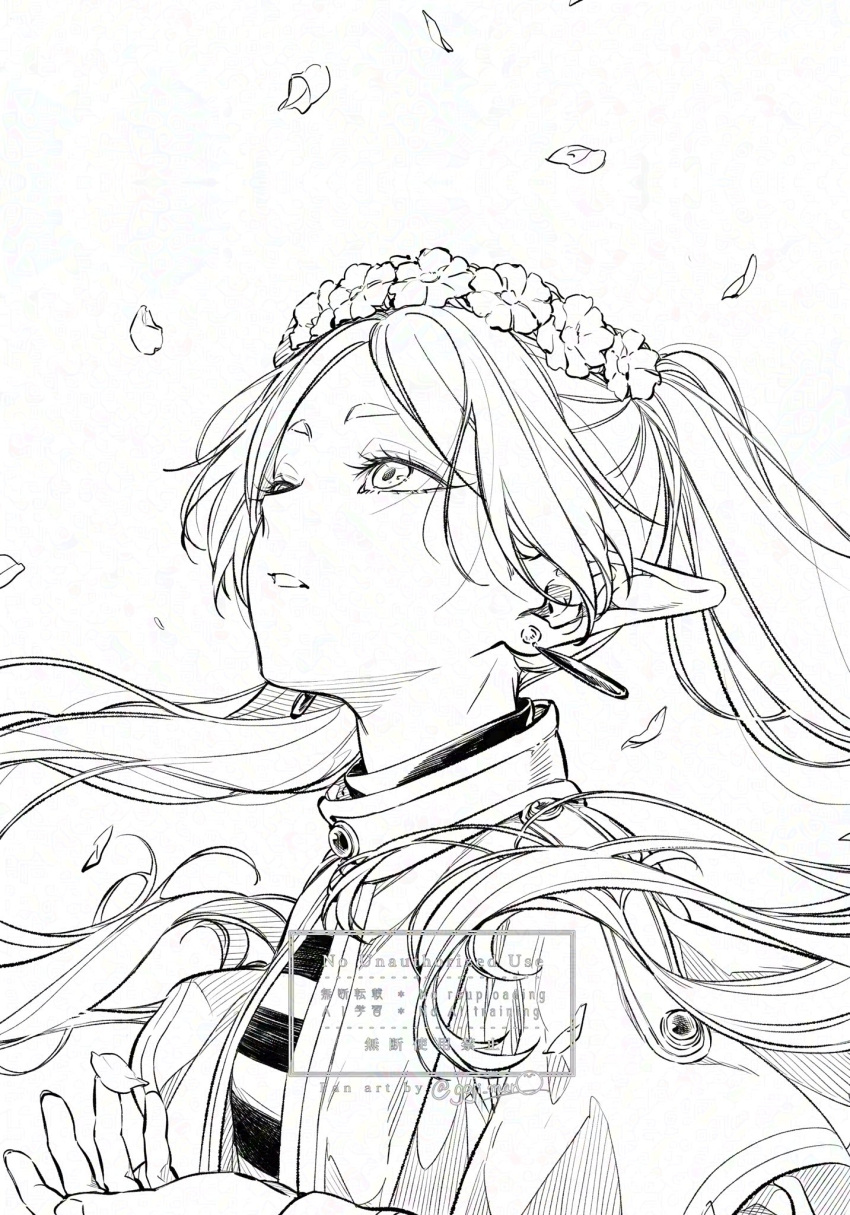 Safebooru - 1girl capelet ddd ar0 earrings elf falling petals frieren head wreath highres ...