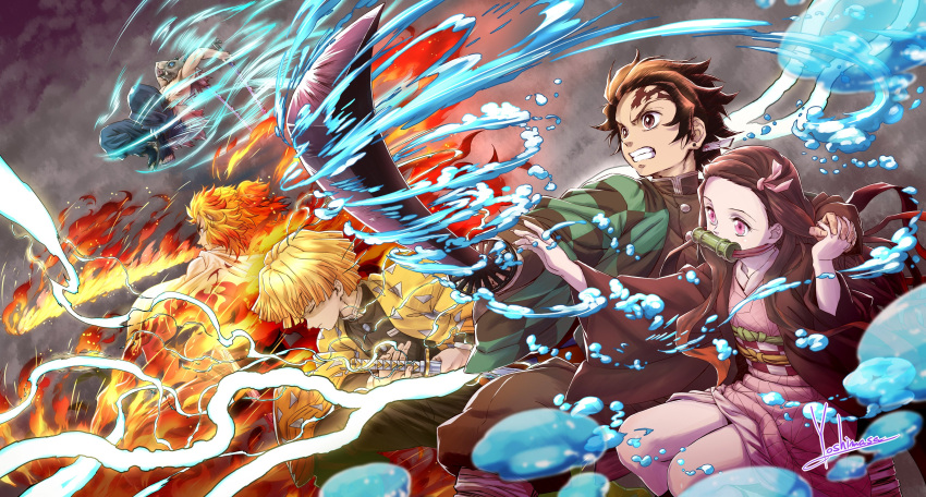 Safebooru - 1girl 4boys absurdres agatsuma zenitsu arms up artist name ...