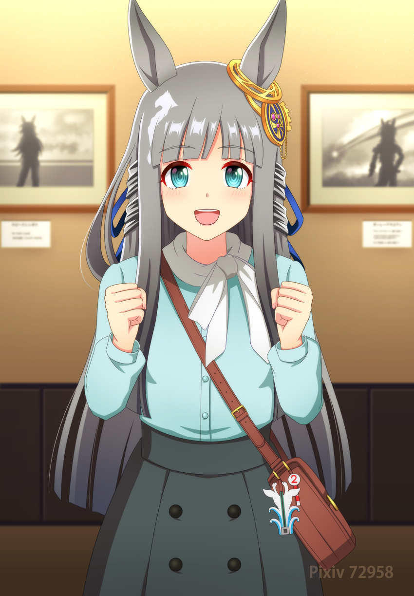 Safebooru - 1girl animal ears art gallery bag blue eyes blunt bangs blush breasts casual chrono ...