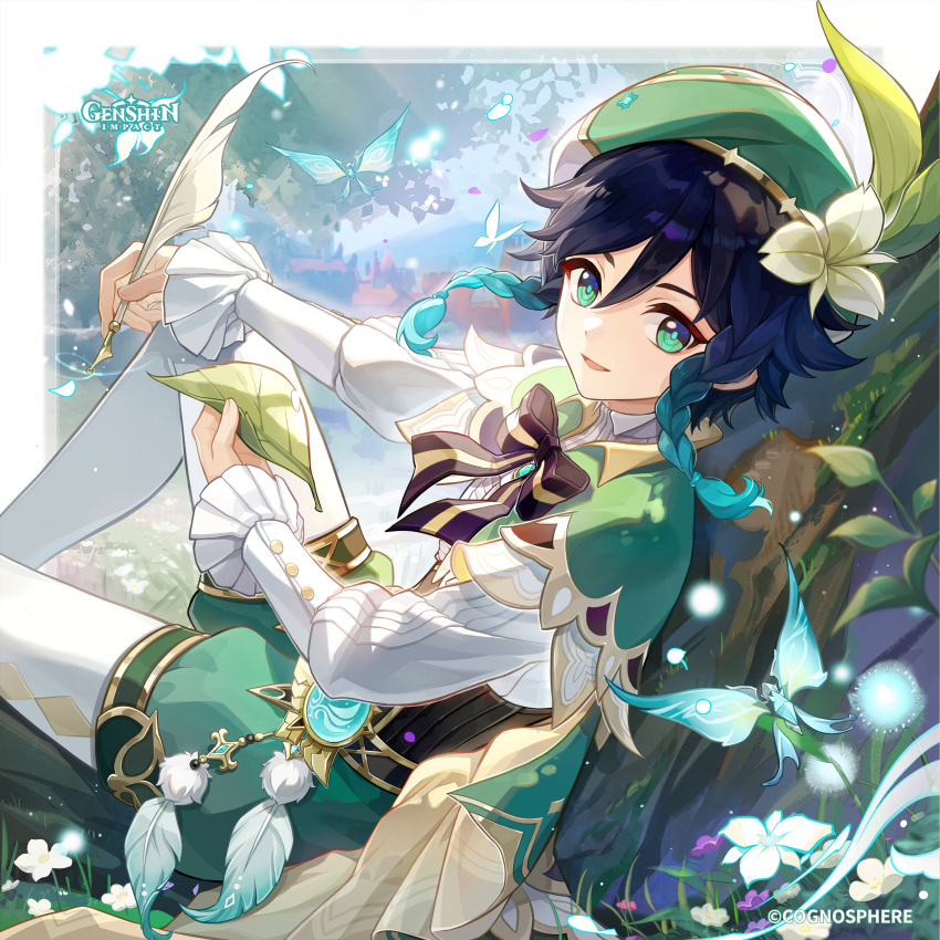 Safebooru - 1boy absurdres anemo symbol (genshin impact) aqua hair beret black bow black bowtie ...
