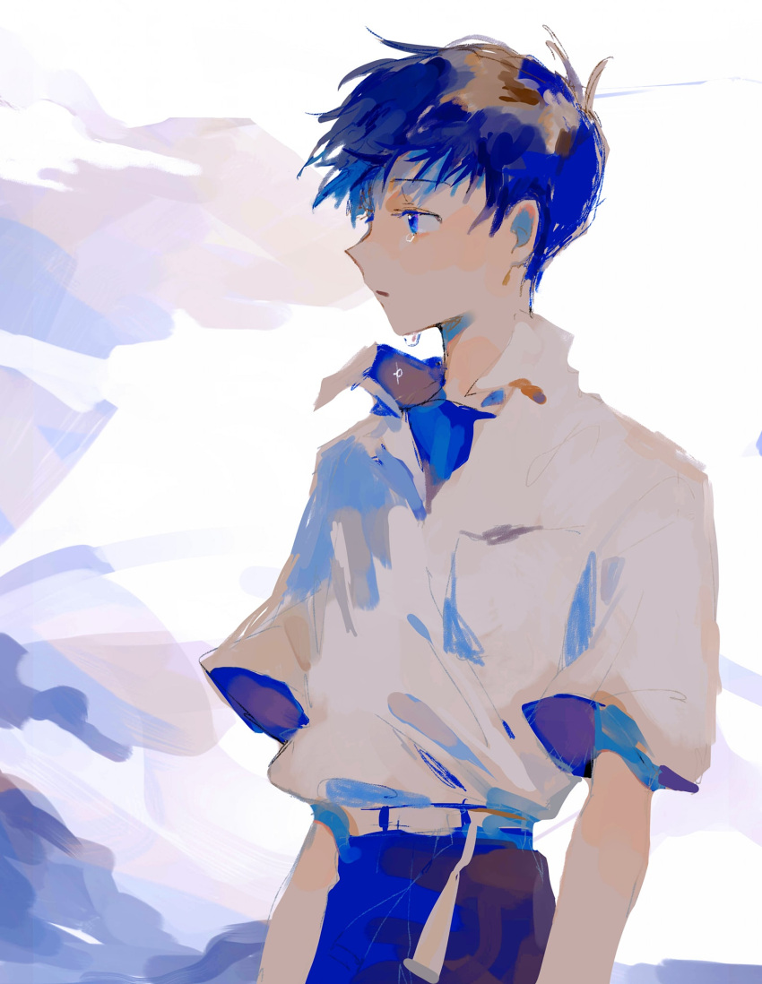 Safebooru - 1boy belt blue eyes blue theme collared shirt crying crying ...