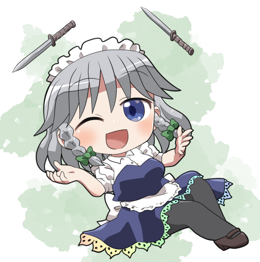 Safebooru - 1girl ;d apron black pantyhose blue dress blue eyes blush bow braid brown shoes ...