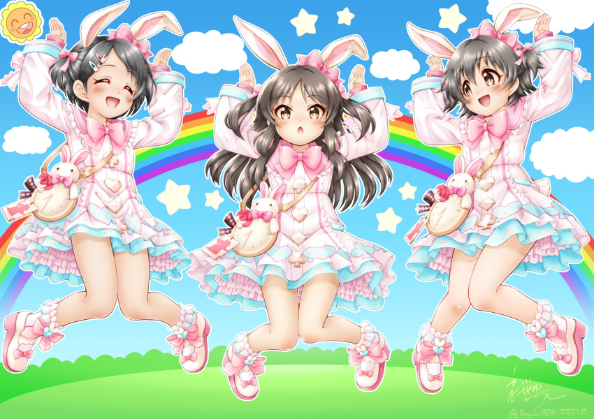 Safebooru - 3girls :d ^ ^ akagi miria animal ears arms up bag black hair blue sky blush bobby ...