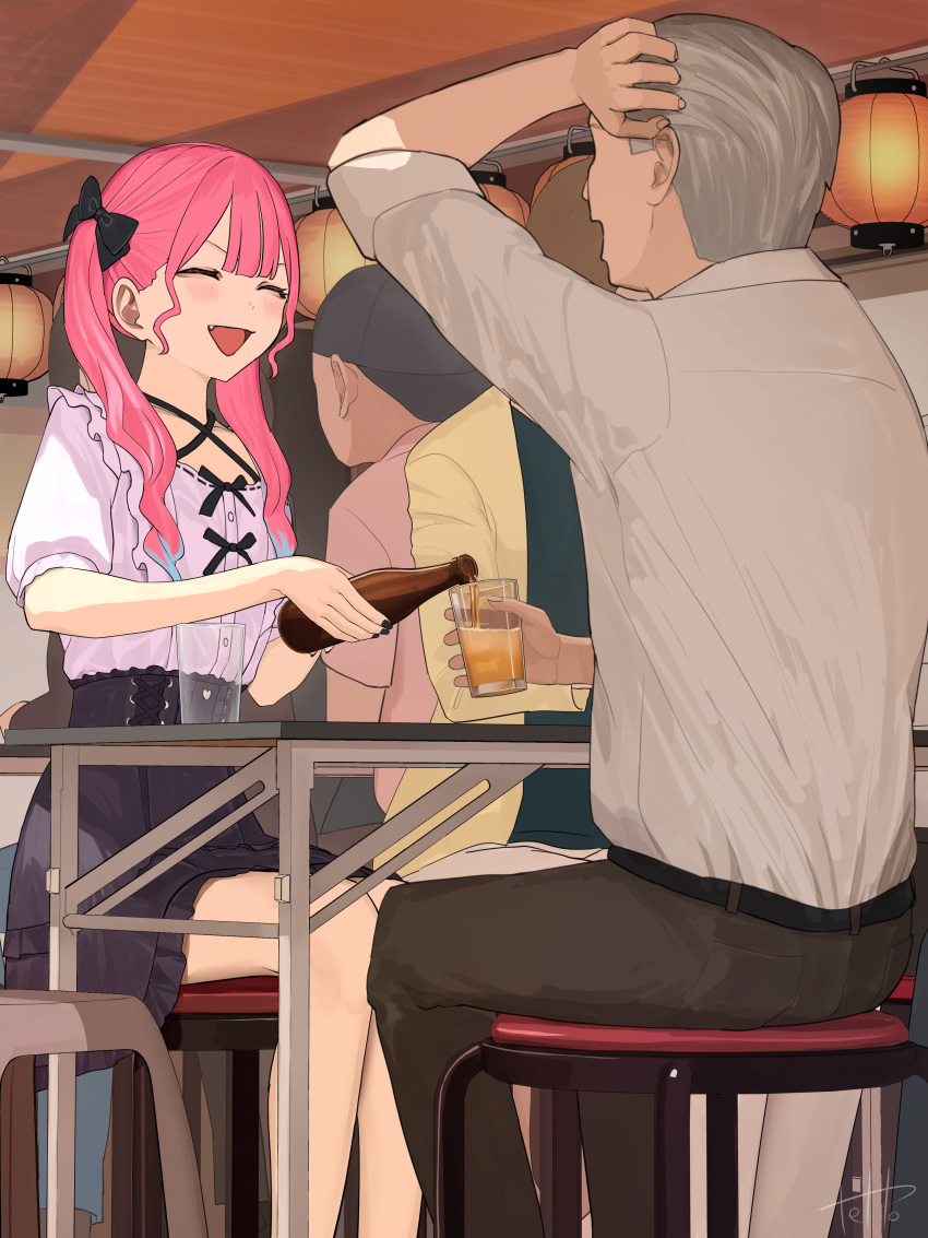 Safebooru - 1girl 2boys absurdres black bow black skirt blue hair blush bottle bow brown pants ...