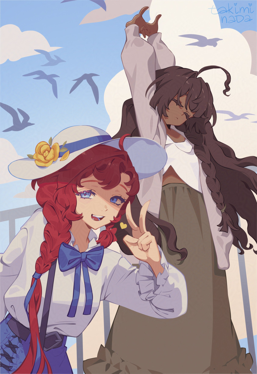 Safebooru - 2girls :d absurdres adversarial noise ahoge alternate costume arms up artist name ...