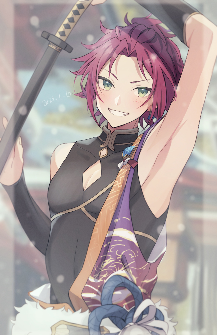 Safebooru - 1boy absurdres arm up armpits bangs pinned back black shirt blurry blurry background ...