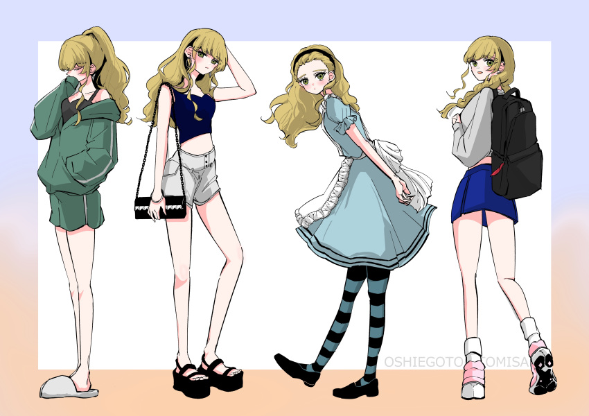 Safebooru - 1girl absurdres backpack bag blonde hair blue dress blue skirt covering own mouth ...