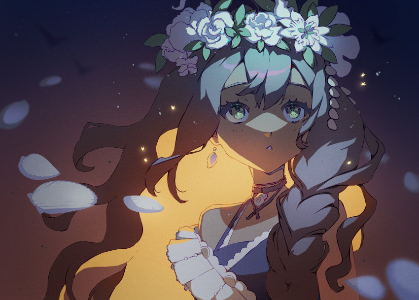 Safebooru - 1girl absurdres adversarial noise aqua eyes backlighting bare shoulders blue dress ...