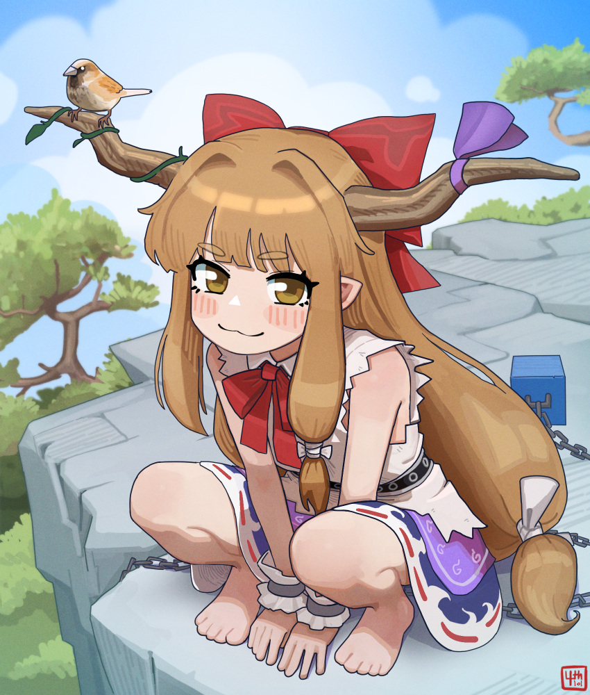 Safebooru - 1girl 4th lol :3 barefoot bird bird on horn blush chain cliff highres horns ibuki ...