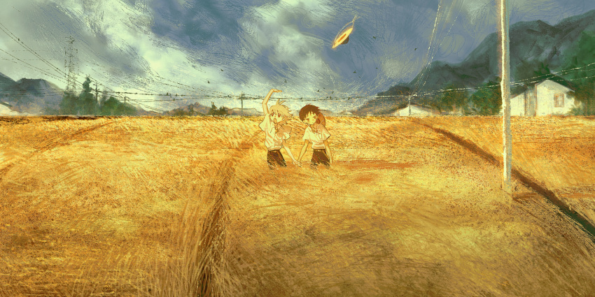 Safebooru - 2boys arm up brown hair building cable clouds cloudy sky ...