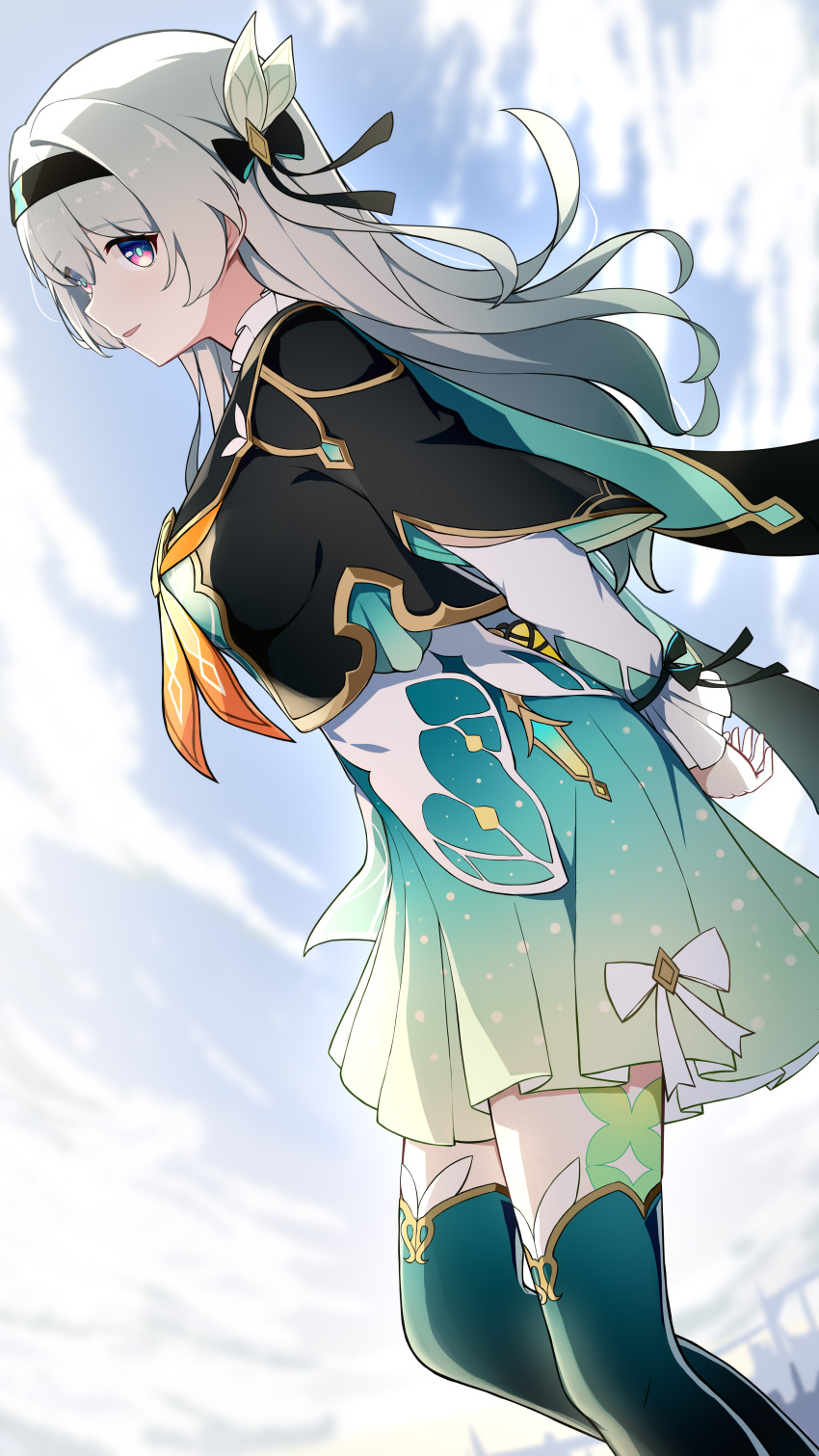 Safebooru - 1girl absurdres aqua skirt arms behind back black bow black hairband bow day dutch ...