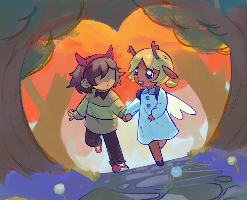 Safebooru - 1girl 1other :o aged down animal ears antlers black eyes ...
