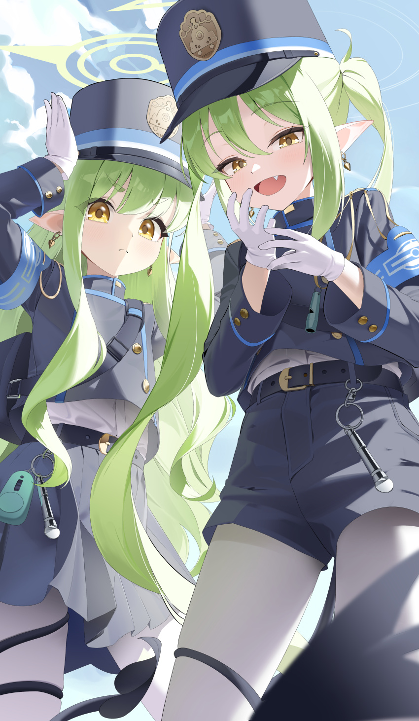 Safebooru - 2girls absurdres armband belt black belt black hat black jacket black shorts black ...